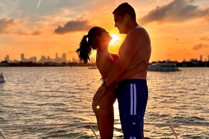 Sunset and Night Cruise of the Miami Bay Skyline on a Yacht - Nightfall and the Illuminated Skyline
