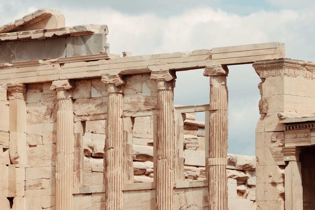 Close-up of ancient Doric columns at the Acropolis in Athens