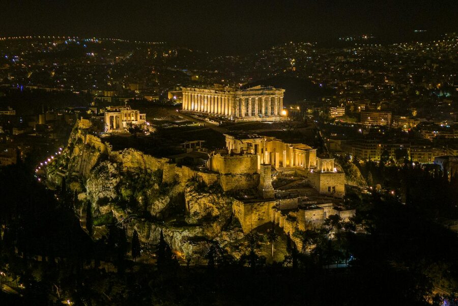 Aerial view of the Acropolis in Athens illuminated at night