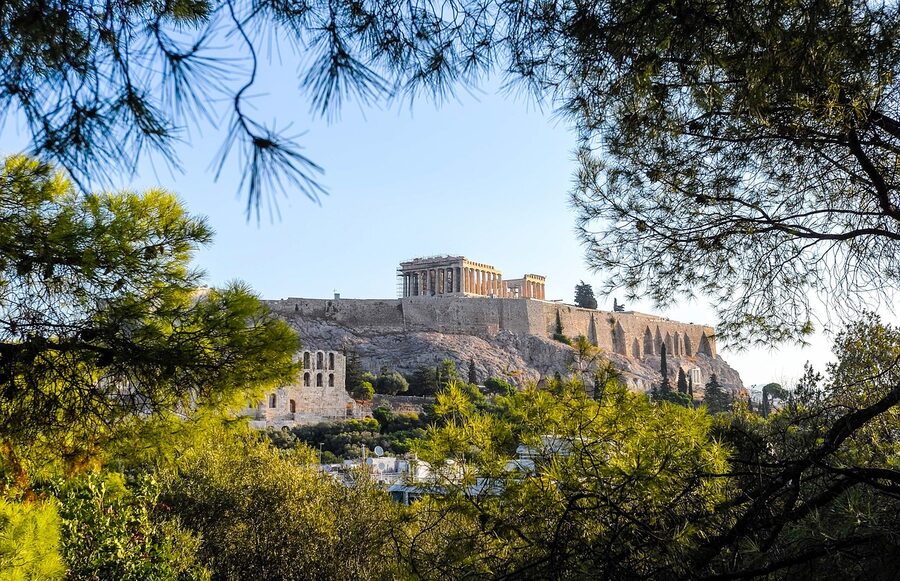 The Acropolis in Athens lit by golden sunset light