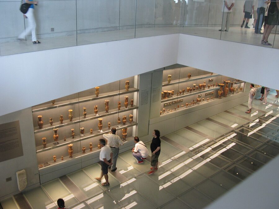 Interior of the New Acropolis Museum in Athens showing marble sculptures on display