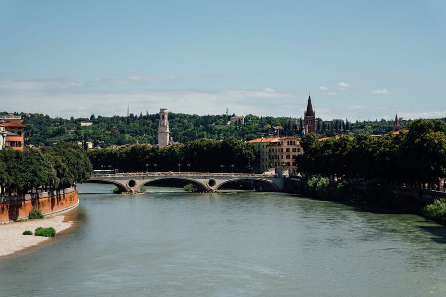 Adige River flowing through Verona Italy