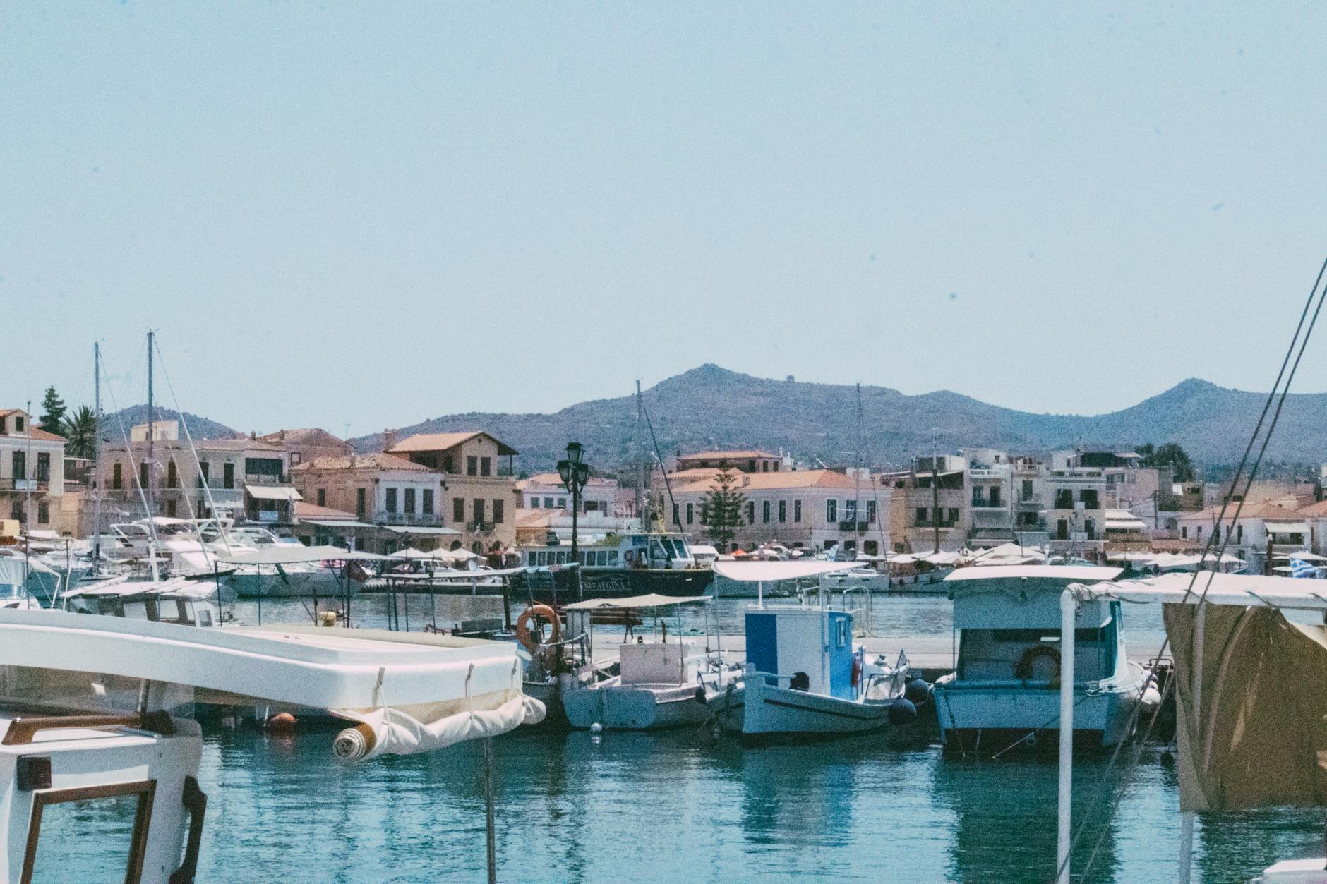 Aegina harbor with Mediterranean boats and waterfront buildings