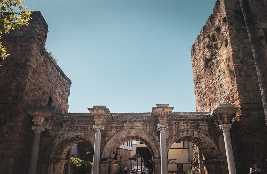 Hadrians Gate in Antalya showing ancient Roman triple-arched structure