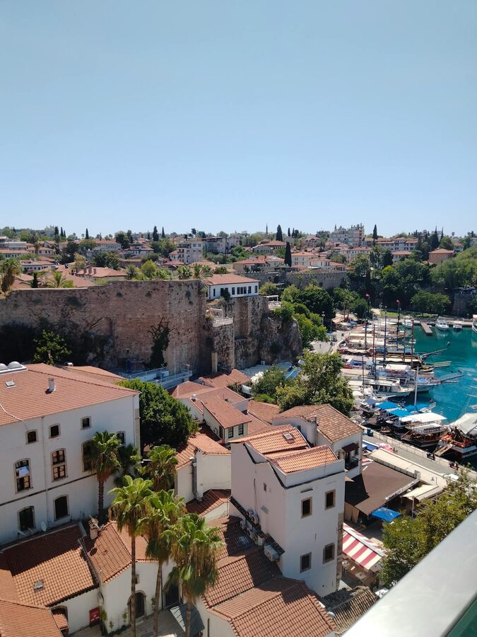 Aerial view of Antalya old town and harbor with Mediterranean coastline