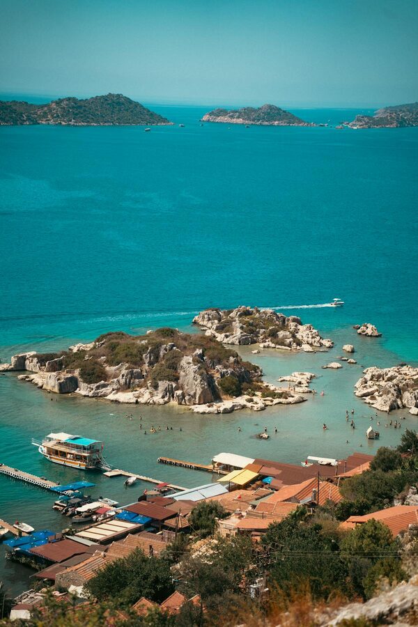 Kekova Island with turquoise sea and the Antalya coastline in Turkey