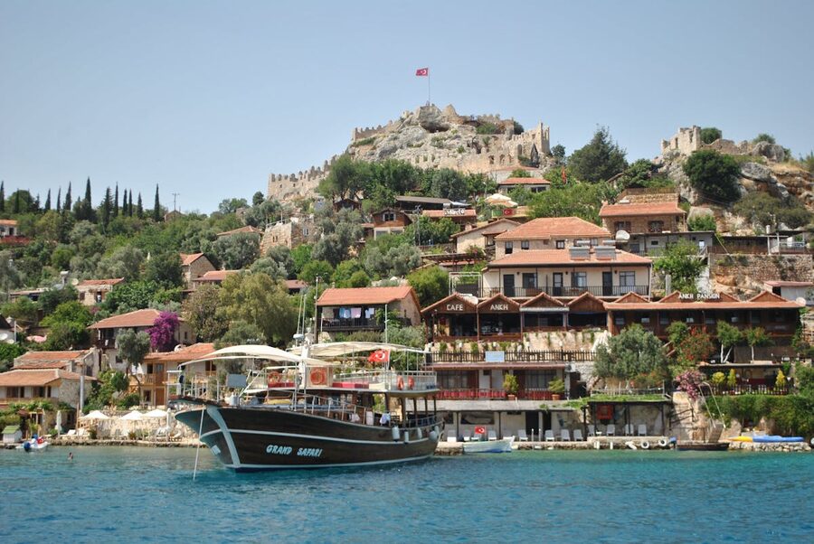 Kalekoy village with castle ruins above Kekova Bay on the Turkish coast
