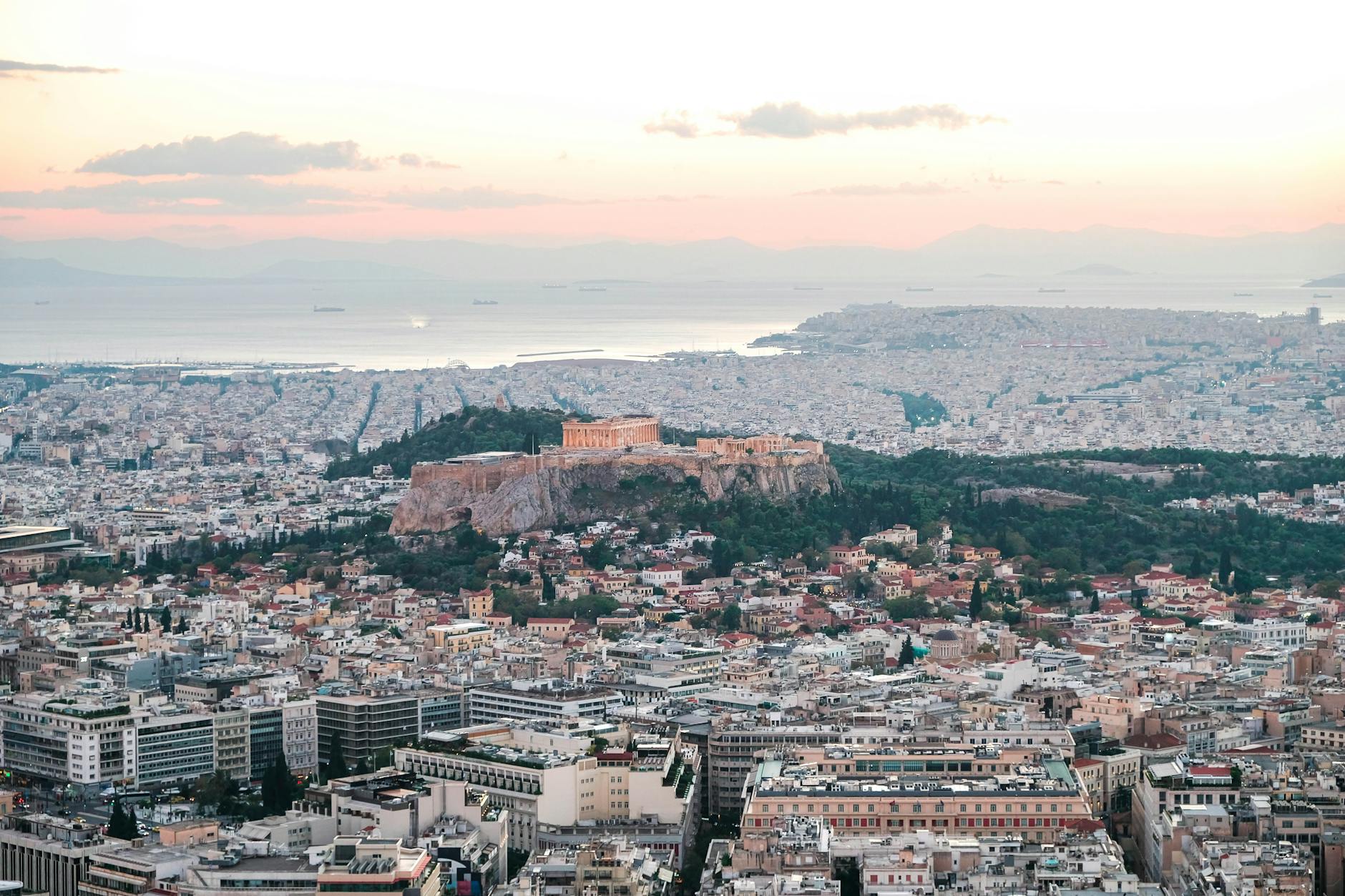 Aerial view of the Acropolis towering over Athens