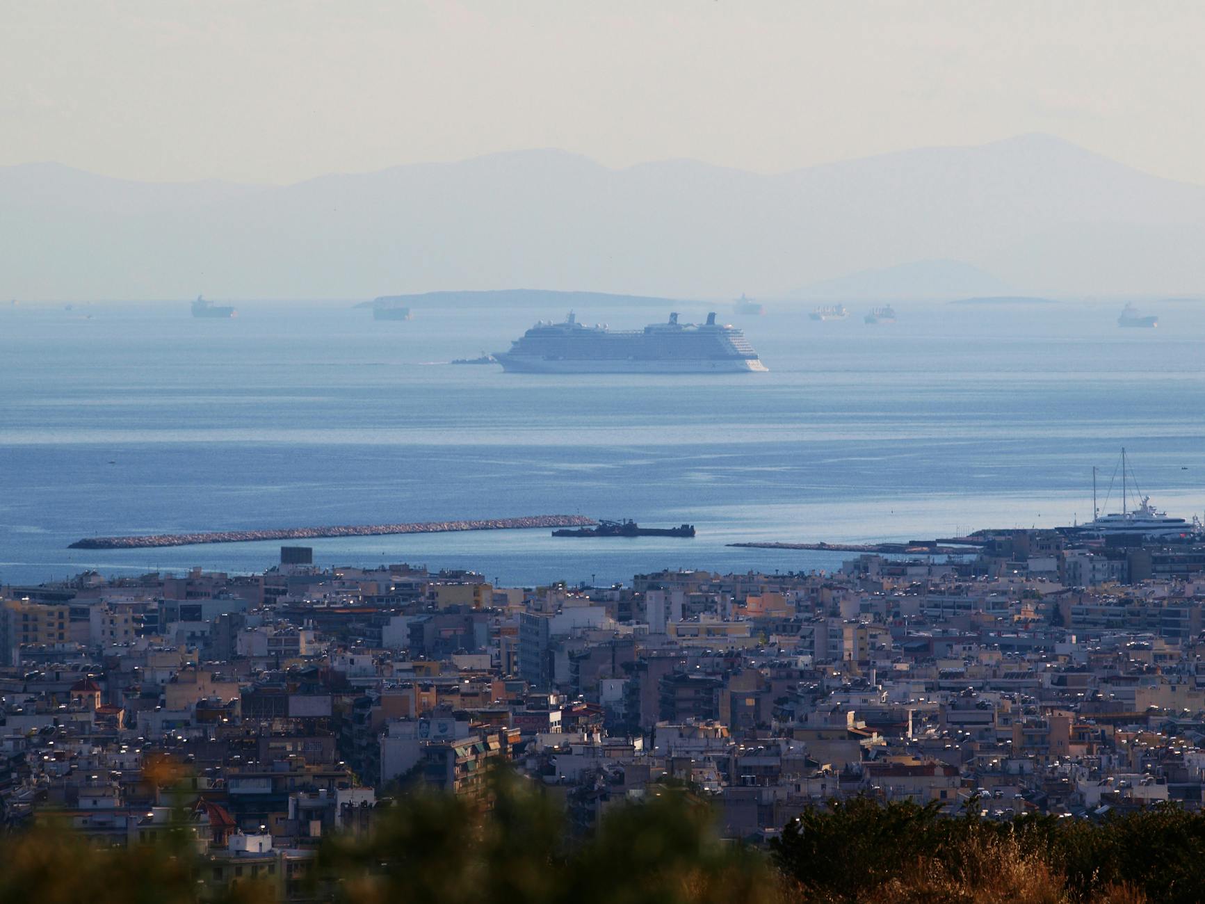 Athens coastline with cruise ships docked