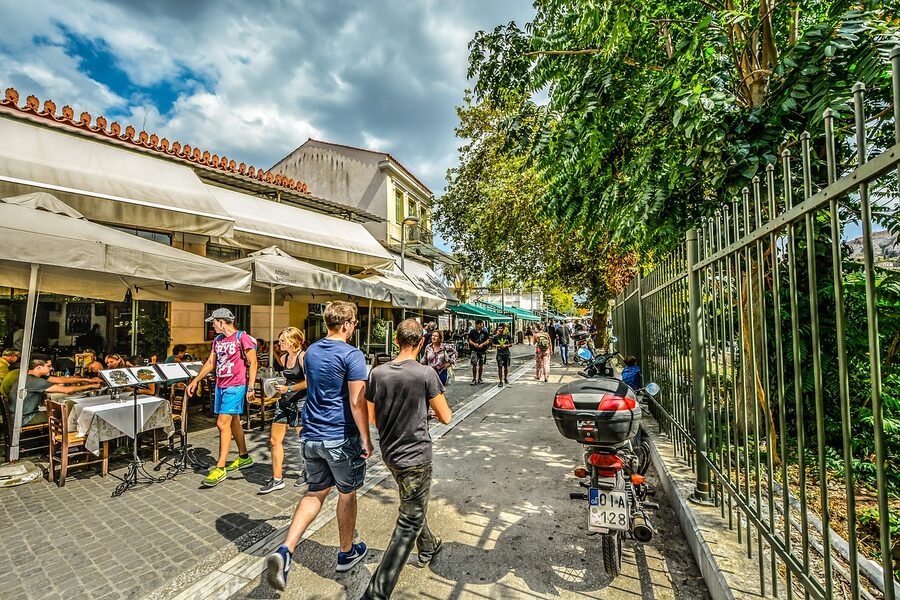 Cobblestone lane winding through the Plaka district of Athens