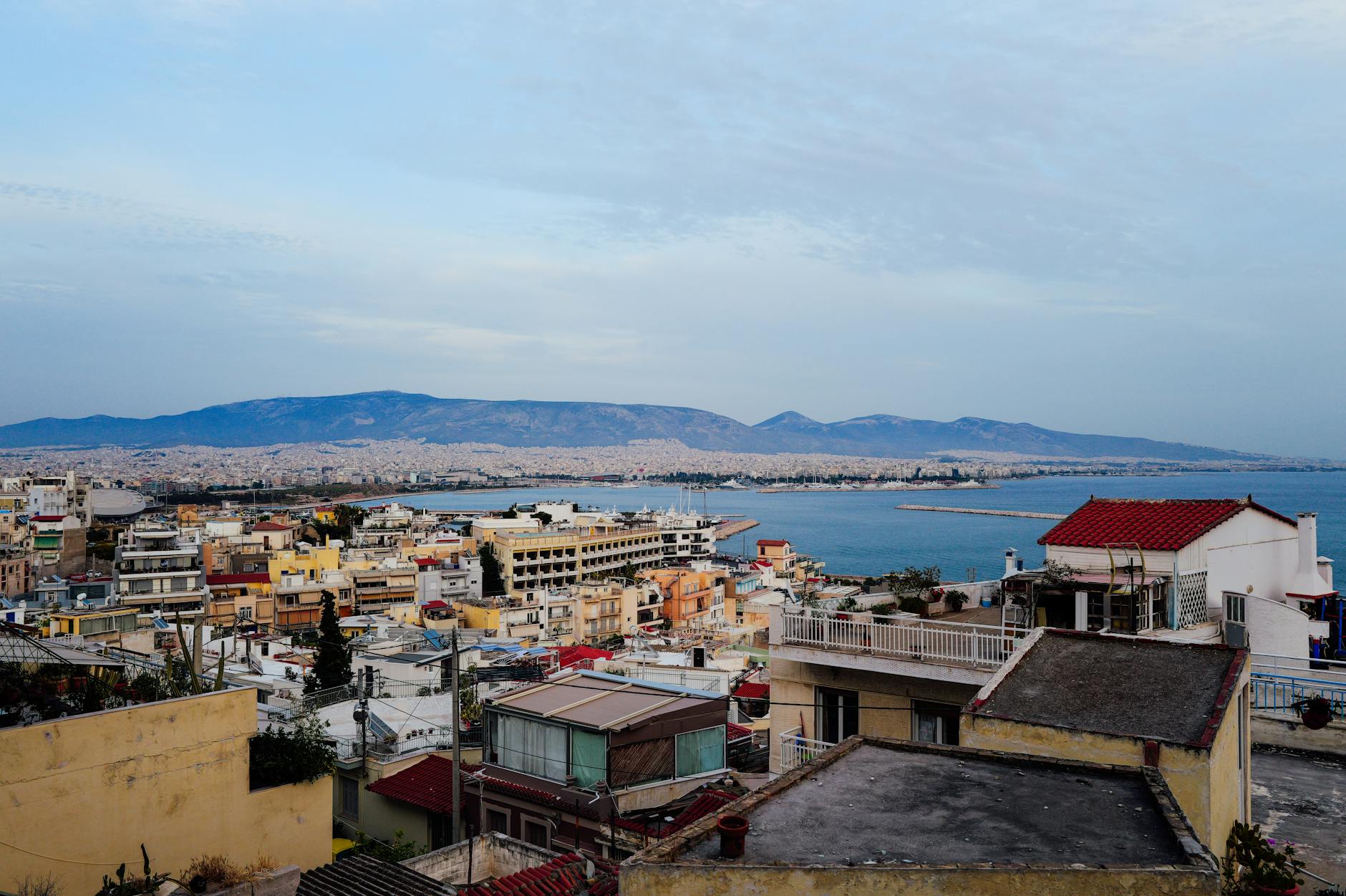View of the Athens skyline with mountains and sea