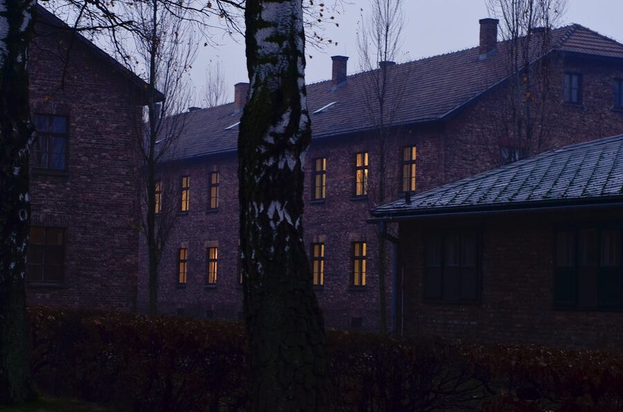 Dark moody view of Auschwitz buildings and leafless trees