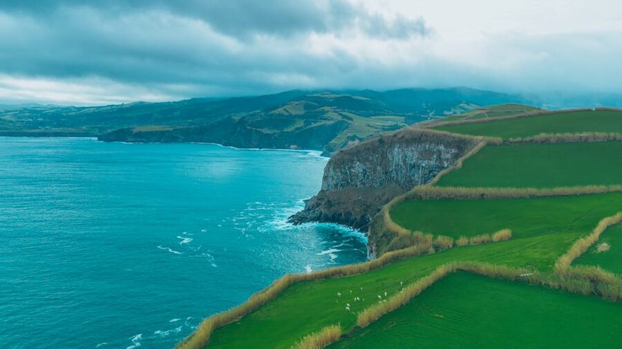 Azores cliffs azure sea aerial view