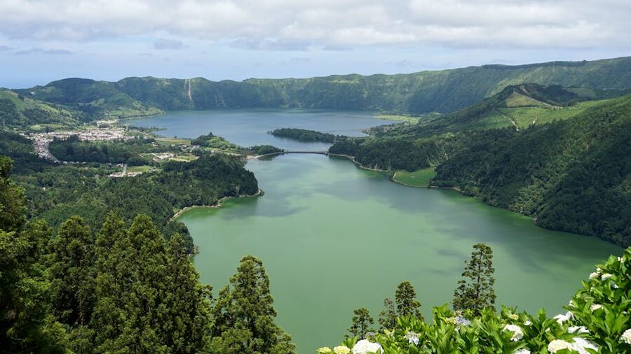 Sete Cidades crater lakes aerial view Azores