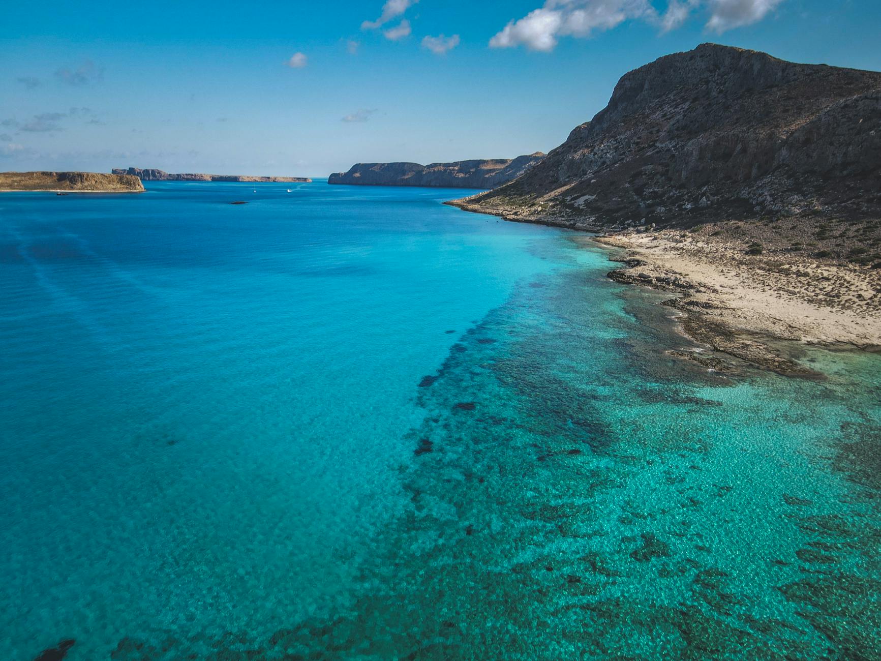 Aerial view of Balos Lagoon turquoise coastline