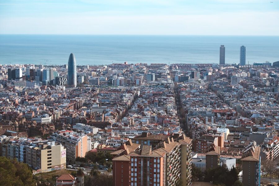 Aerial view of Barcelona with Sagrada Família in the distance