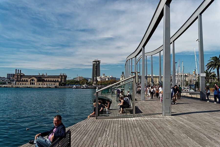 Rambla de Mar footbridge Barcelona approaching the aquarium