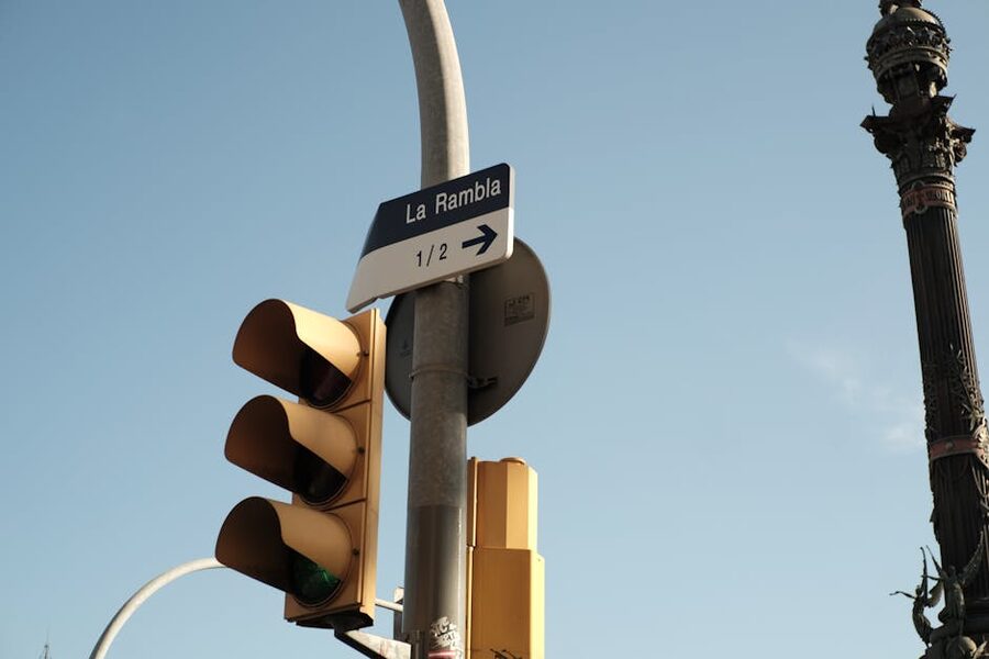 La Rambla street sign and traffic light in Barcelona