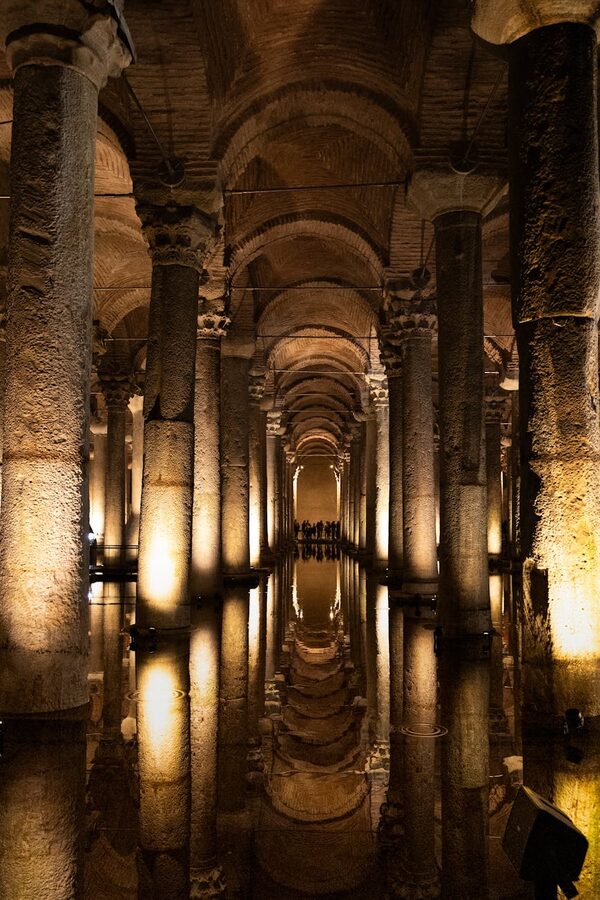 Ancient interior of the Basilica Cistern showing row after row of columns