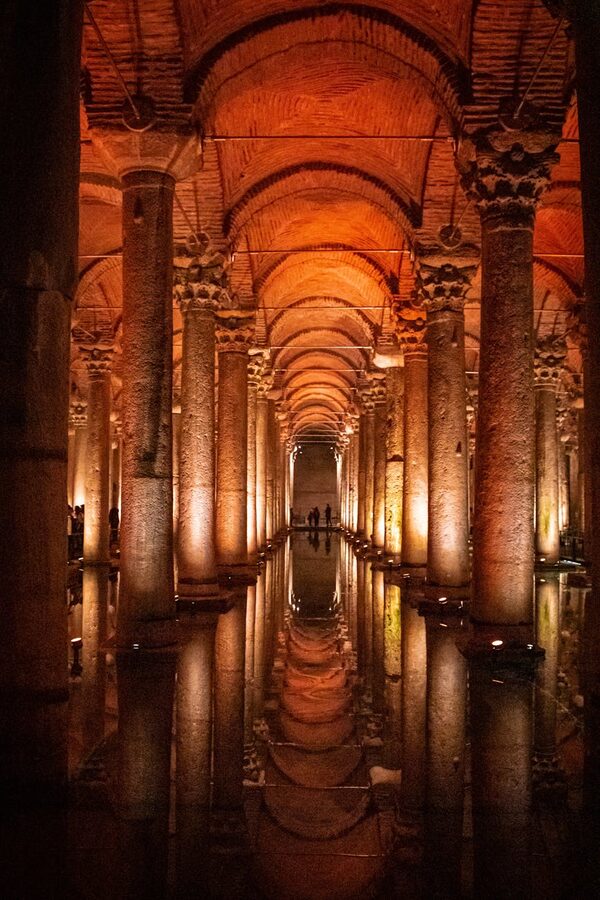 Dramatic arches and columns stretching through the Basilica Cistern