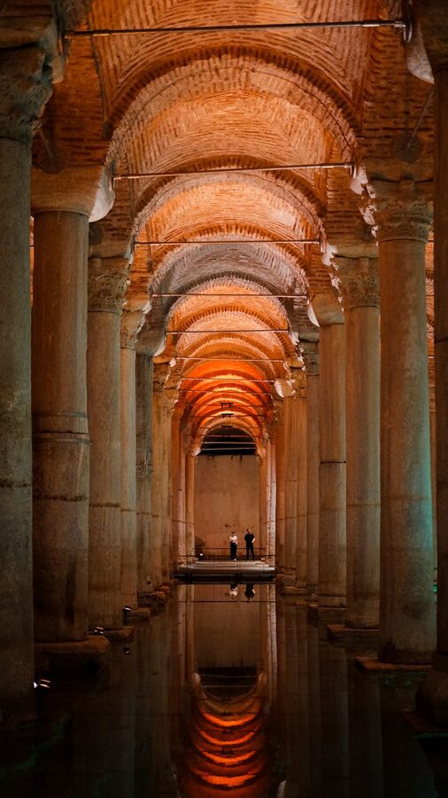 Illuminated arches reflected in the water of the Basilica Cistern