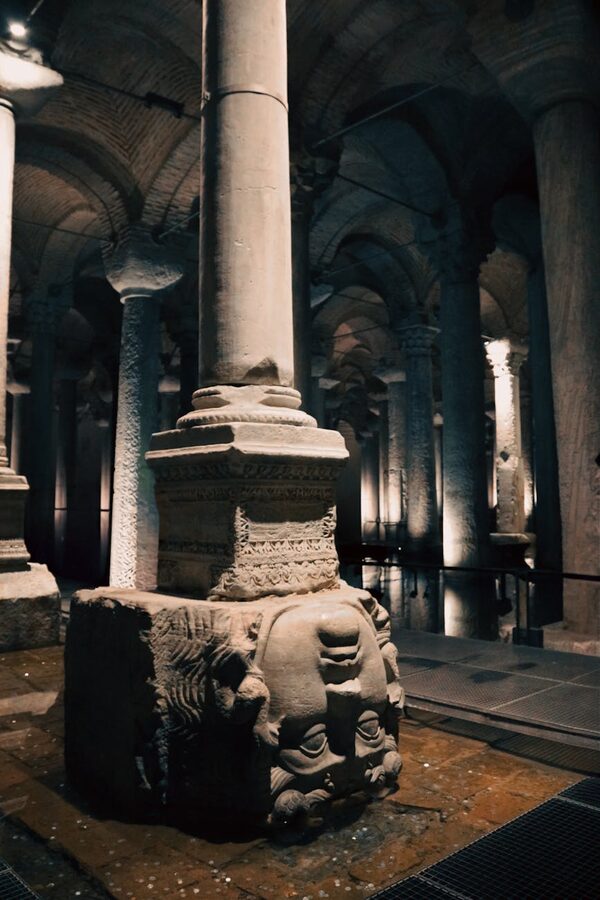 The famous Medusa head column base inside the Basilica Cistern