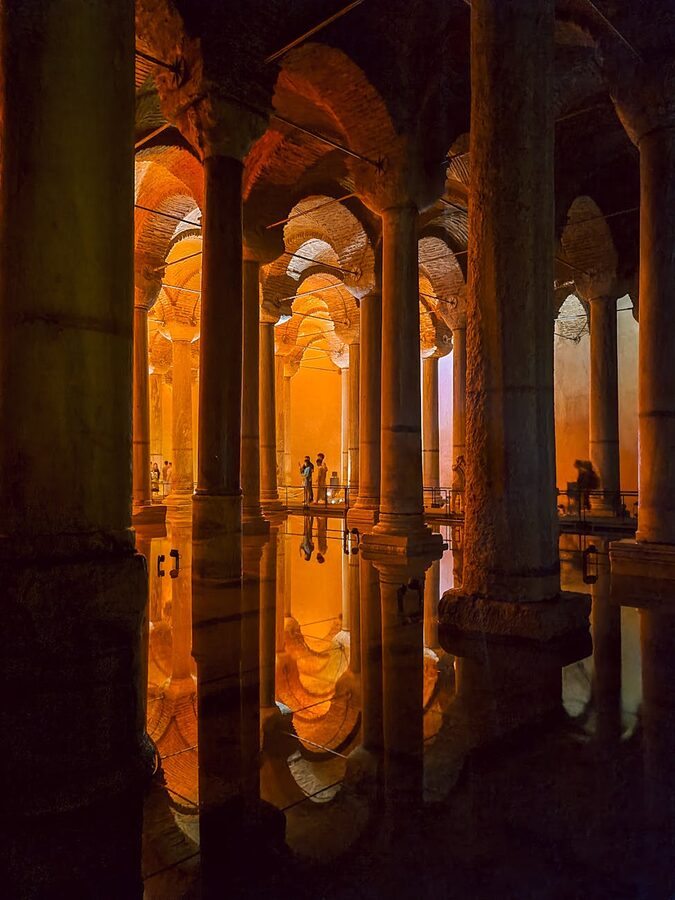 Reflective columns inside the Basilica Cistern interior