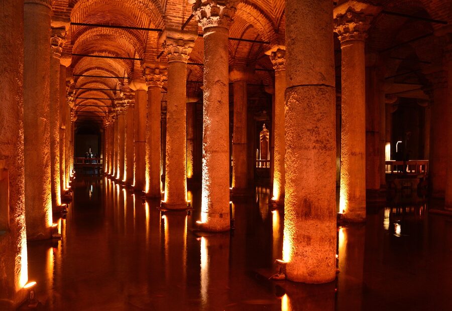 Roman-era columns inside the Byzantine Basilica Cistern in Istanbul