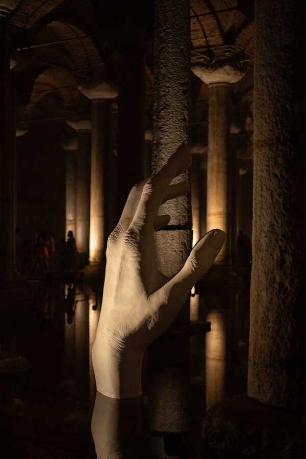 Contemporary art sculpture inside the historic Basilica Cistern