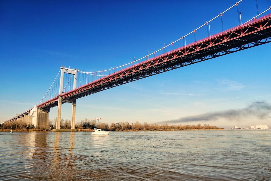 Pont d'Aquitaine suspension bridge spanning the Garonne River in Bordeaux