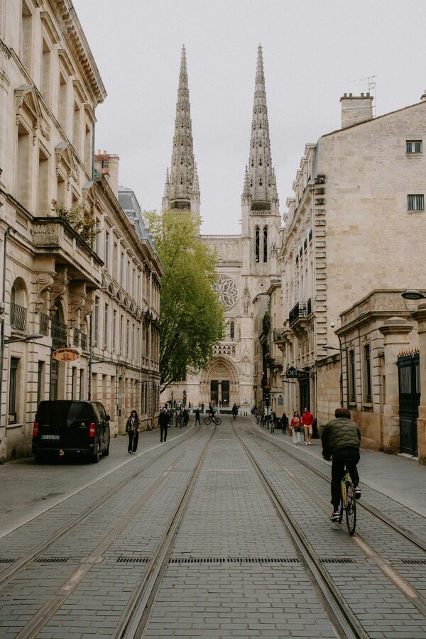 Bordeaux Cathedral with Gothic architecture and city street