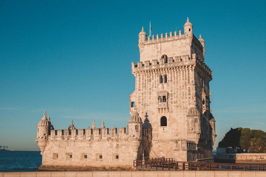 Belem Tower at sunset over the Tagus River