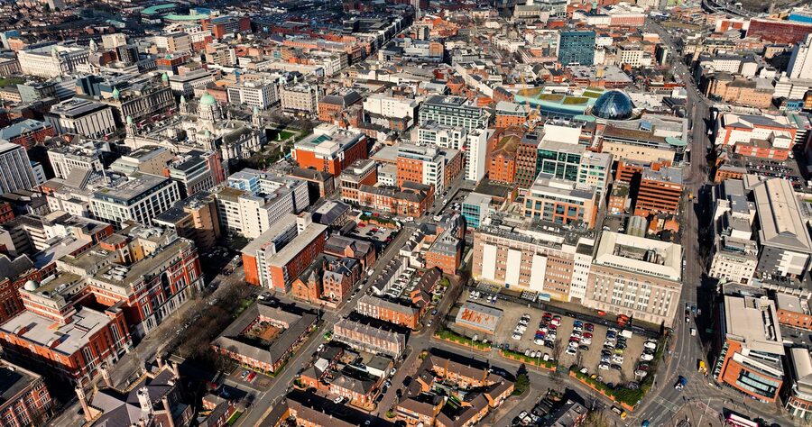 Aerial view of Belfast city centre skyline