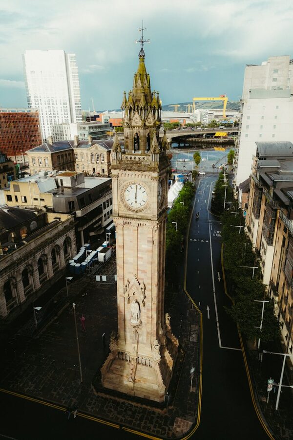 Aerial view of the Albert Memorial Clock tower in Belfast