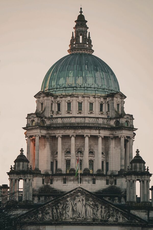 Belfast City Hall architectural details at sunset