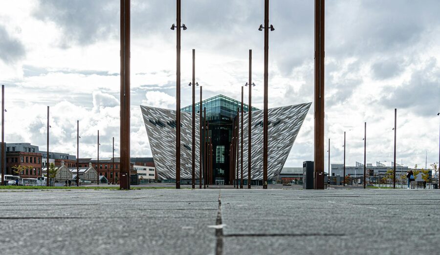 Titanic Belfast building under cloudy Northern Ireland skies