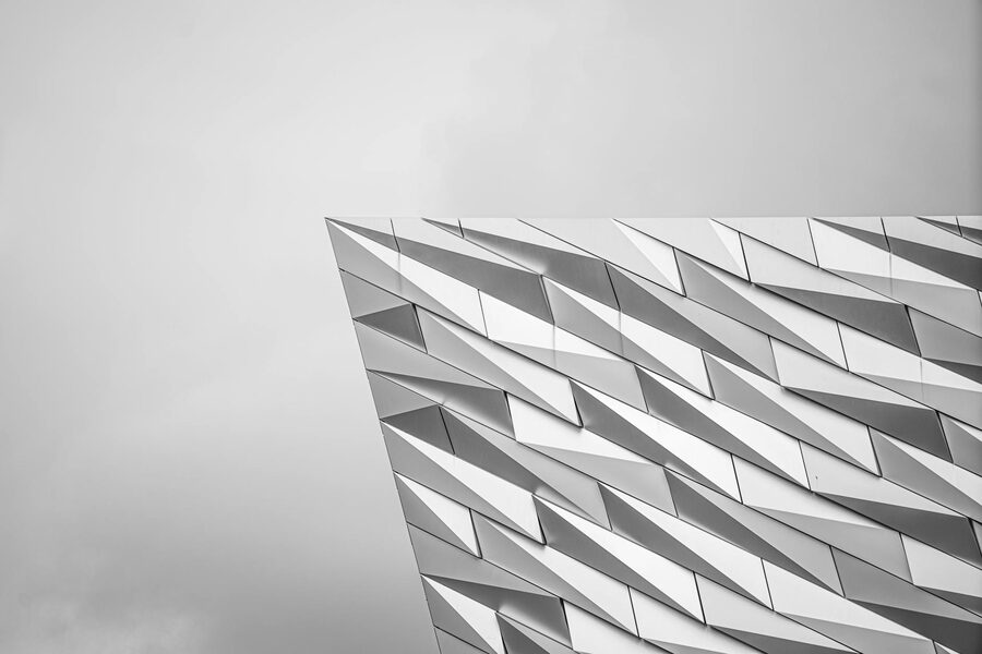 Architectural detail of the Titanic Belfast building showing angular metal panels