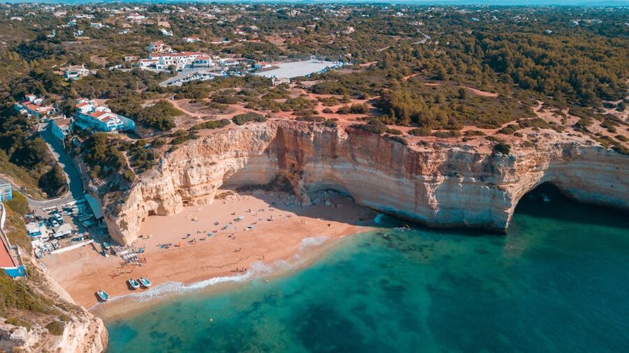 Aerial view of a cliffside beach in Algarve Portugal near Benagil