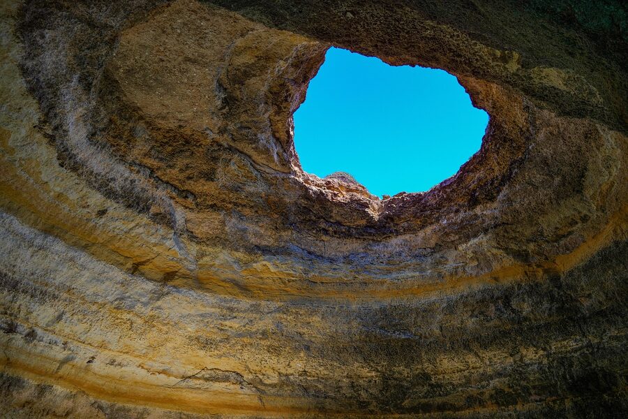 Benagil sea cave entrance in the Algarve sandstone cliffs
