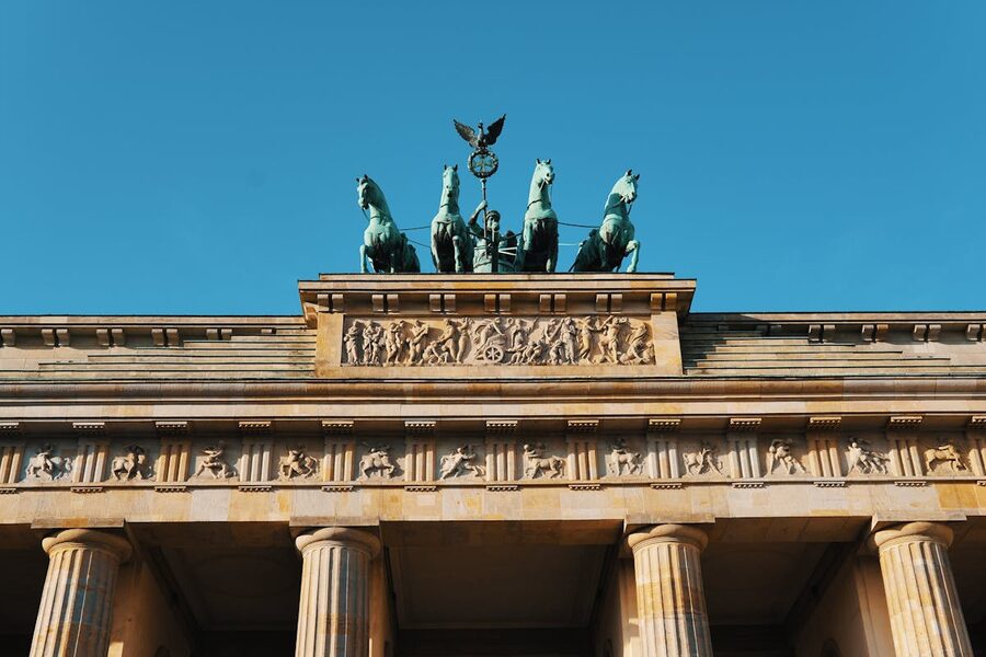 Close-up of the Brandenburg Gate columns and classical architectural details in Berlin
