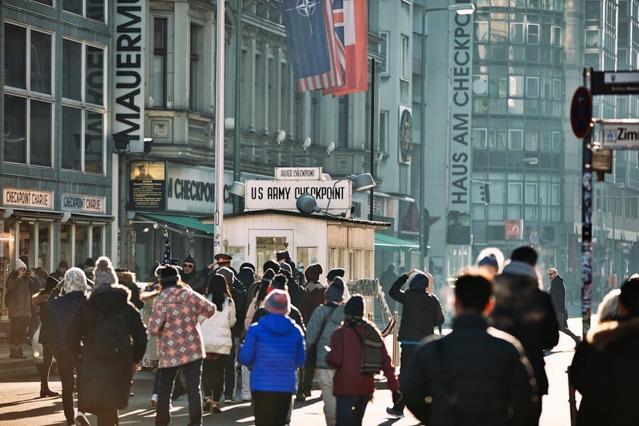 Tourists gathered at the historic Checkpoint Charlie in Berlin