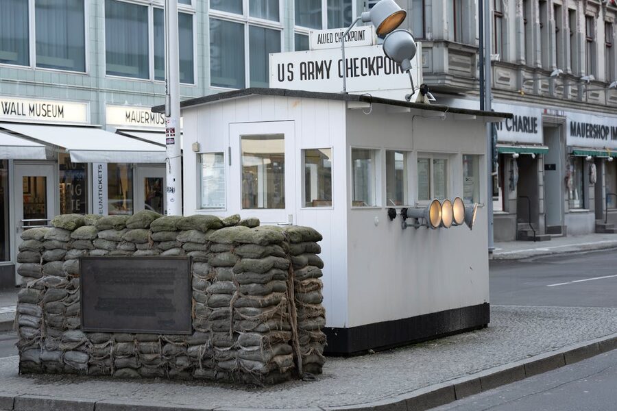 Historic US Army checkpoint display at the Berlin Wall museum