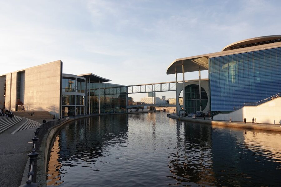Modern government buildings along the Spree River in Berlin