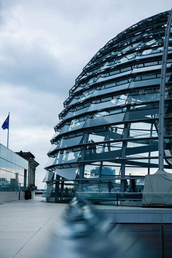 Glass dome of the Reichstag in Berlin showing modern steel and glass architecture