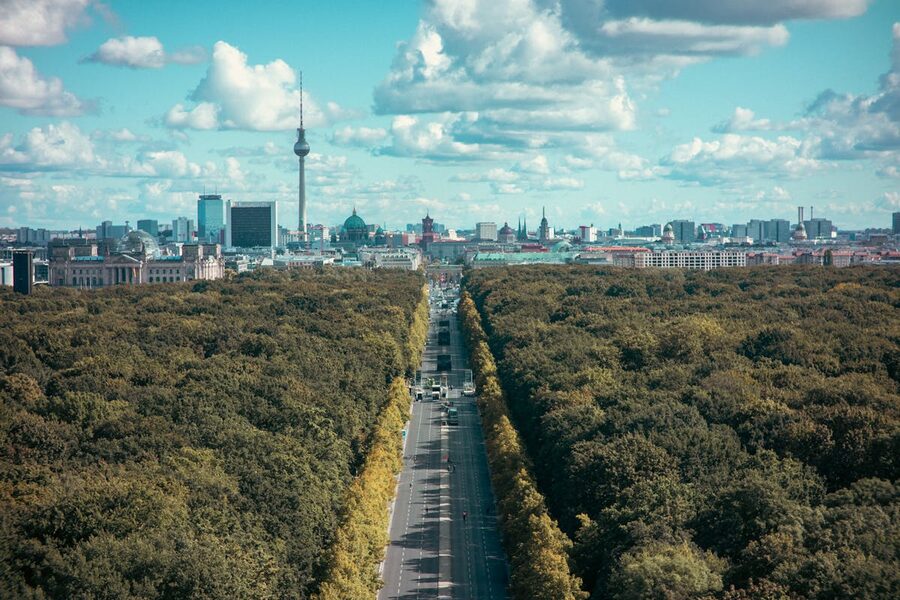 Aerial view of Berlin skyline with TV tower and Tiergarten park