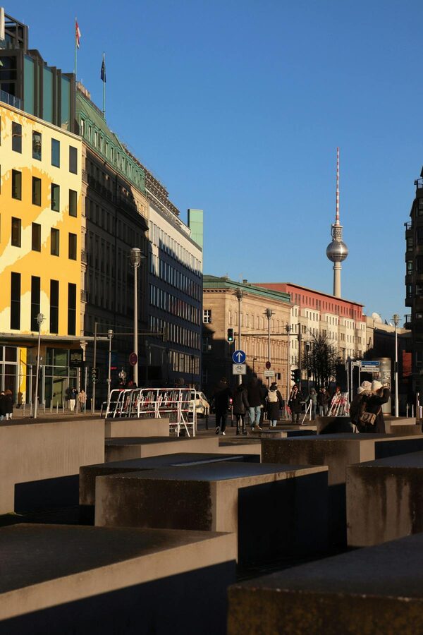 Berlin street view with TV Tower and colorful architecture