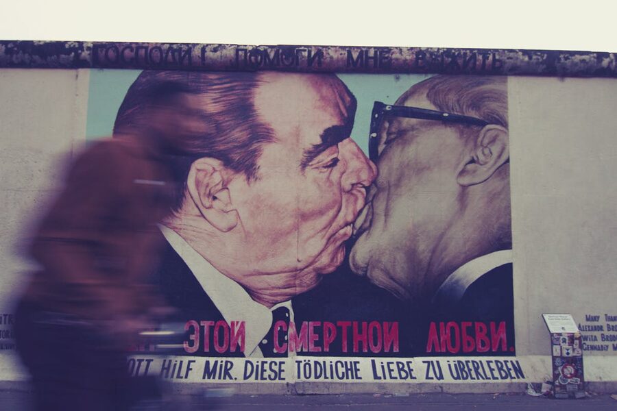 Famous Brezhnev-Honecker kiss mural on the Berlin Wall East Side Gallery