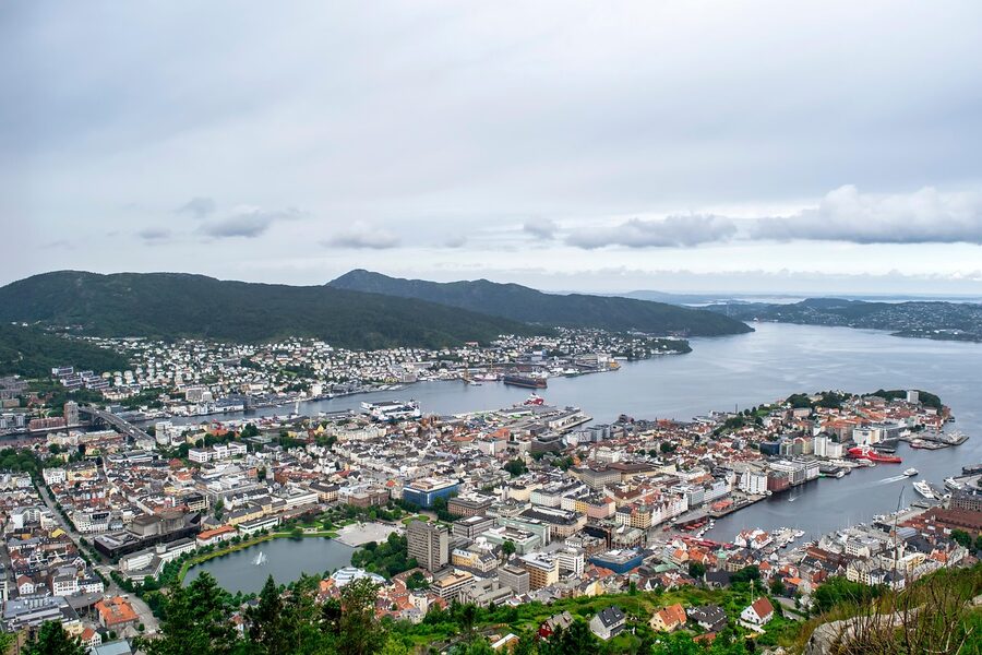 Bergen city panorama with mountains and harbour from above