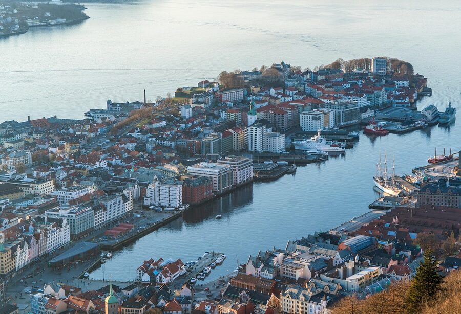 Elevated view of Bergen harbour and Bryggen wharf area