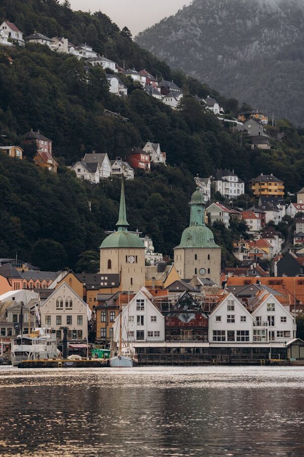 Bergen waterfront with church spires and historic buildings